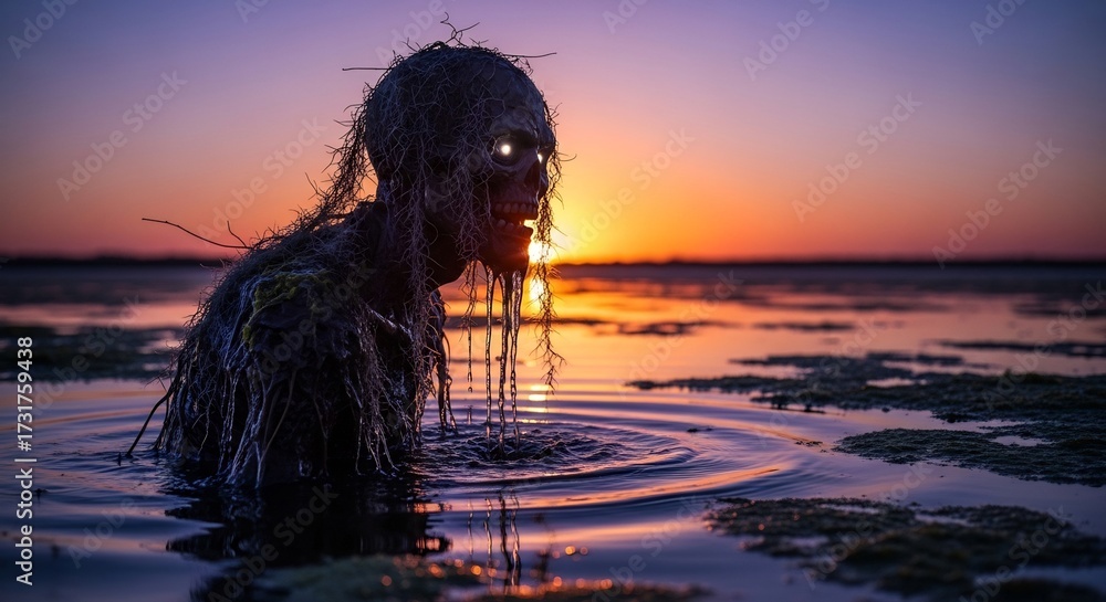 Eerie swamp monster rising from the water at sunset. Perfect for horror ...
