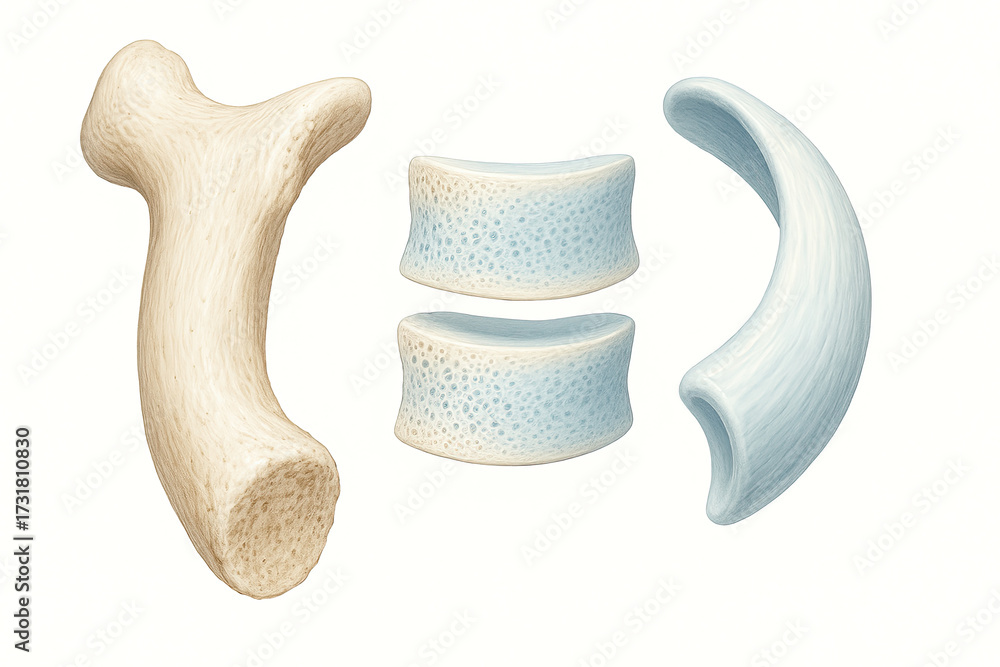 Ilustración de Stock Anatomy of a bone and two vertebrae, and a curved ...