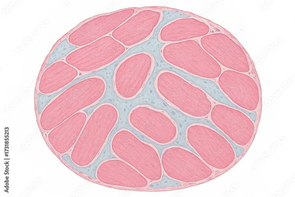 Microscopic view of muscle fiber cross-section, illustrating the ...