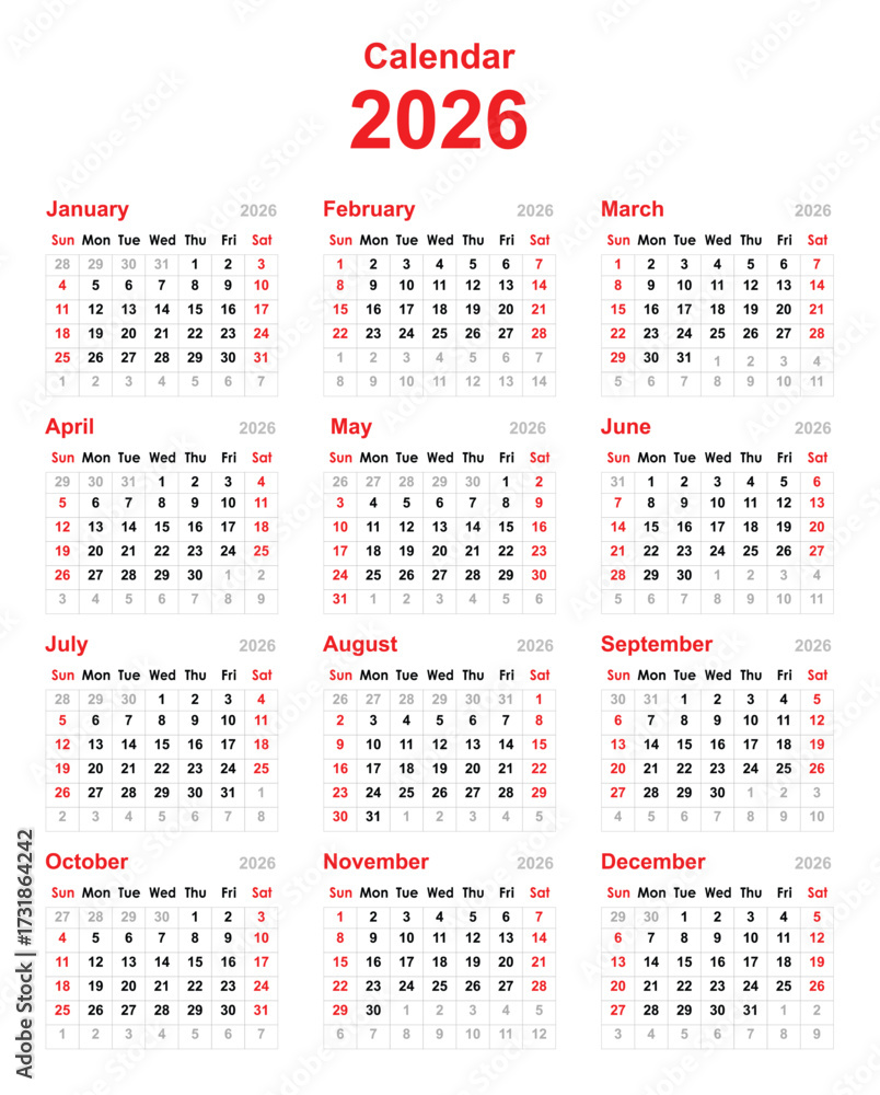Monthly calendar planner 2026 year. Diary planner for 2026. 12 months ...