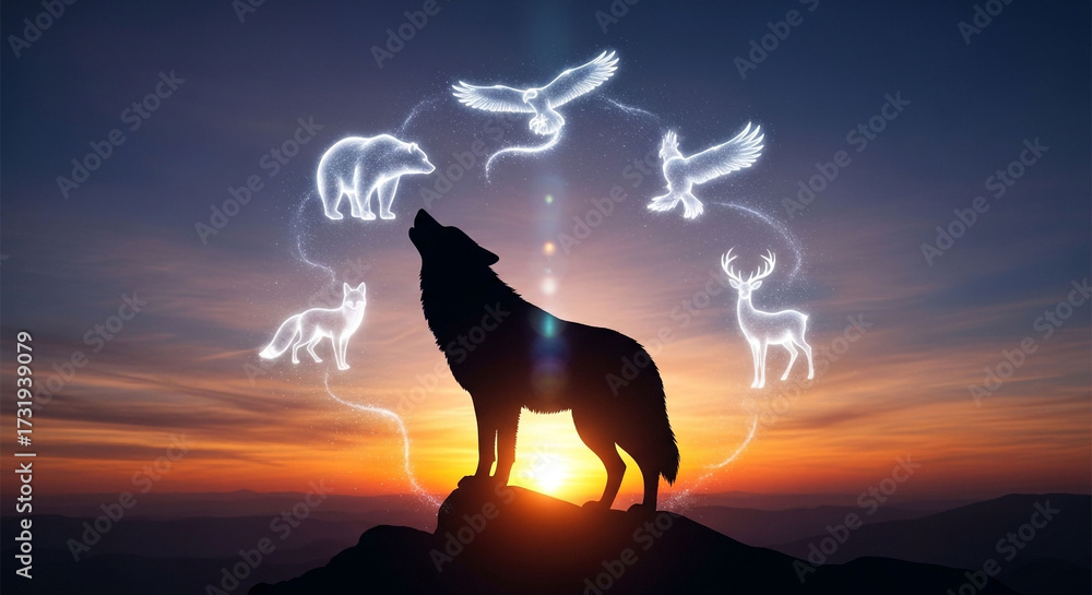 Mystical wolf howling at sunset with animal spirits, a symbol of ...