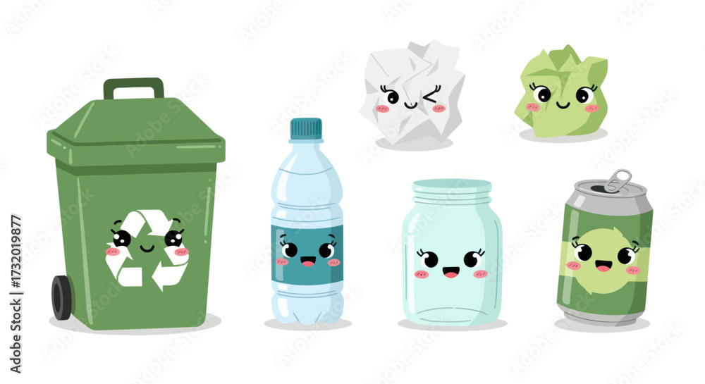 Cute Cartoon Trash Bin and Recyclable Waste Collection. Stock Vector ...