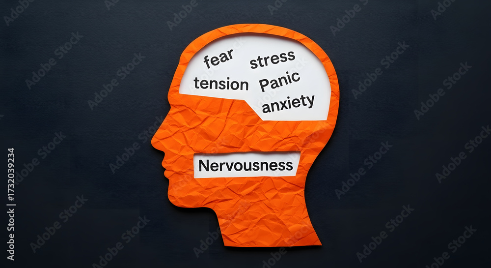 Torn paper head and the words fear stress and anxiety. Represents ...