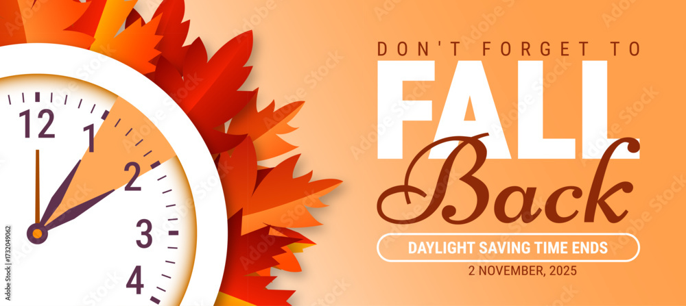 Fall Back. Daylight saving time ends banner or background with ...