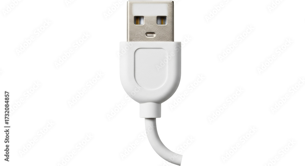 Isolated white USB type A connector, with a molded strain relief, over ...