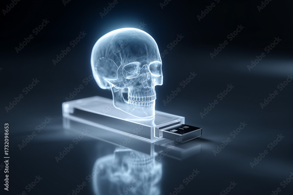 Cyber crime visual with a glowing digital skull on a USB flash drive ...