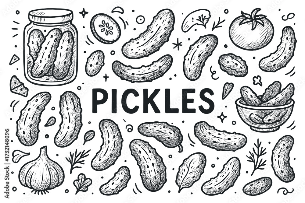 Hand-drawn pickles and vegetables arrangement with black and white ...
