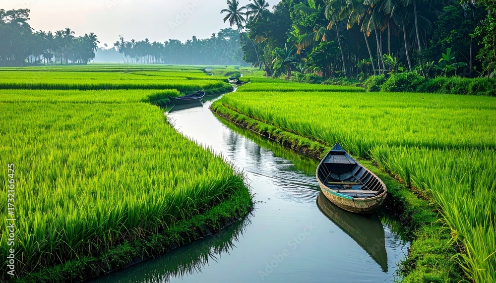Lush Green Paddy Field with a Boat in the River, Kerala, India Stock ...