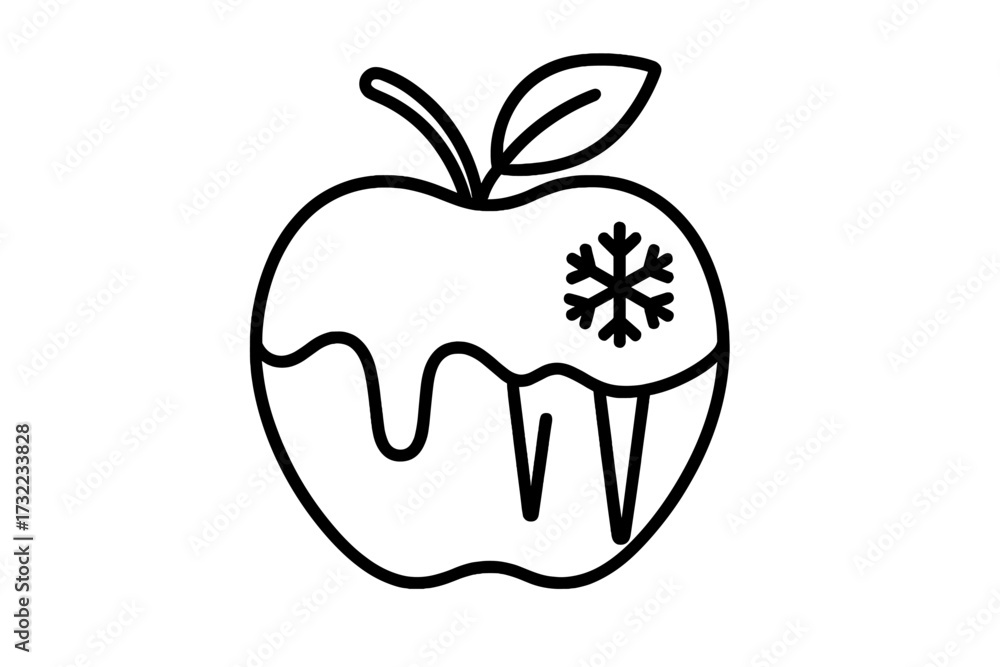 Frozen winter apple with snowflake symbol, icy outline, dripping frost ...