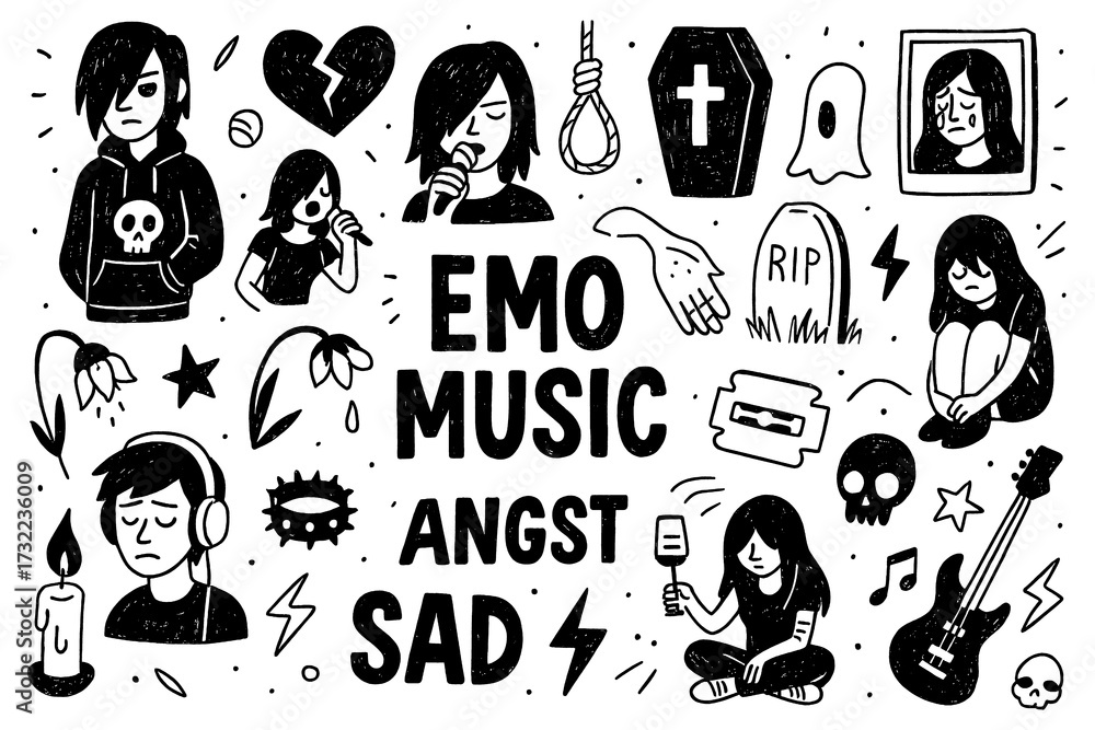 Emo music doodle with sad faces, guitars, broken hearts, skull, lyrics ...