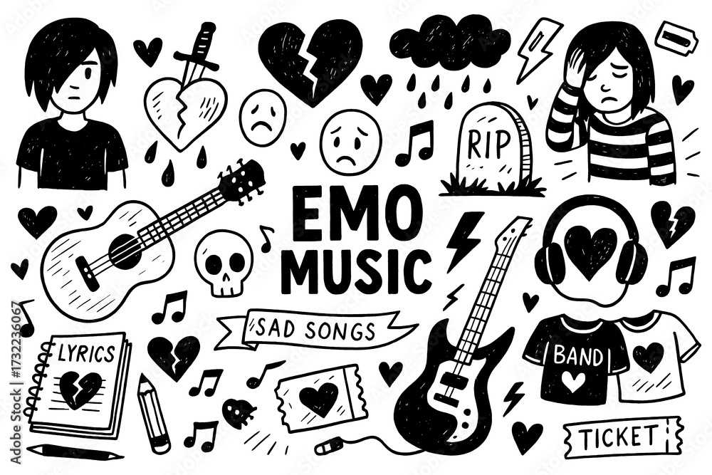 Emo music doodle with sad faces, guitars, broken hearts, skull, lyrics ...