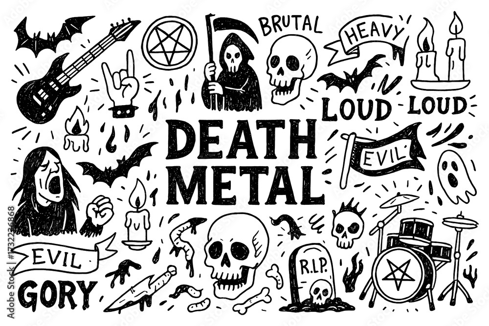 Death metal doodle composition with skulls, guitarist, amplifier, grim ...