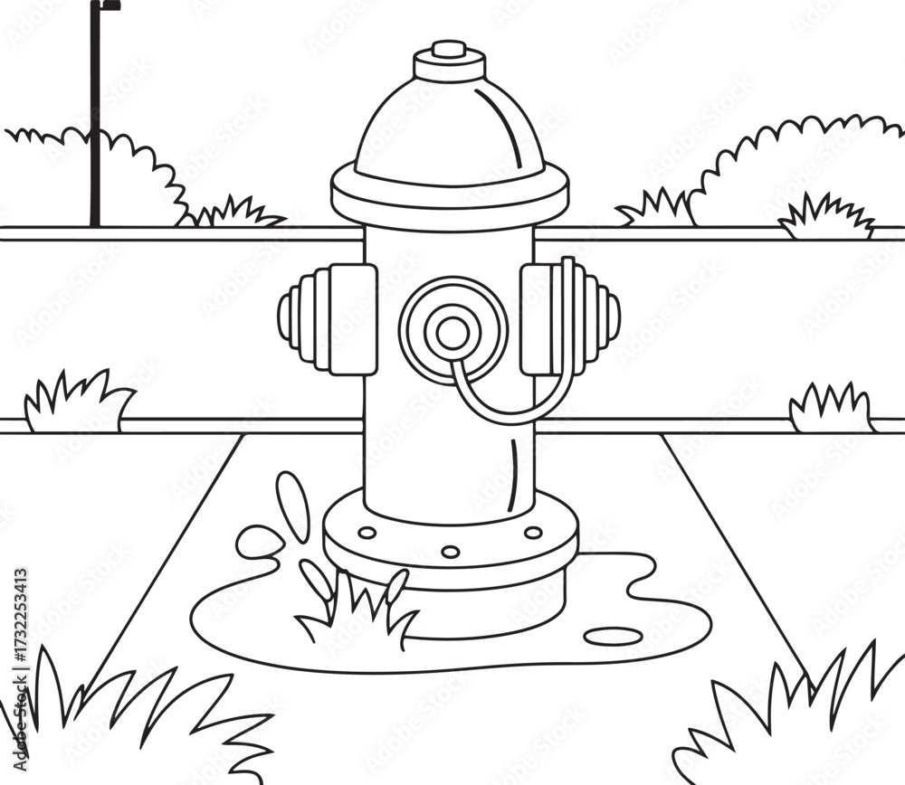 Detailed Line Art Outline of a Fire Hydrant Leaking Water onto the ...