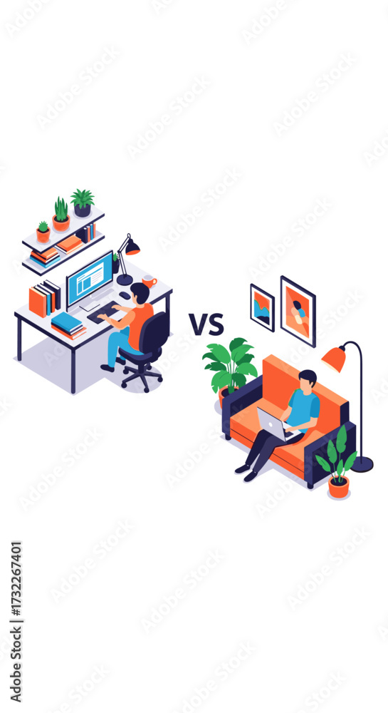 Office setup versus home office setup a comparison of workspaces. Stock ...