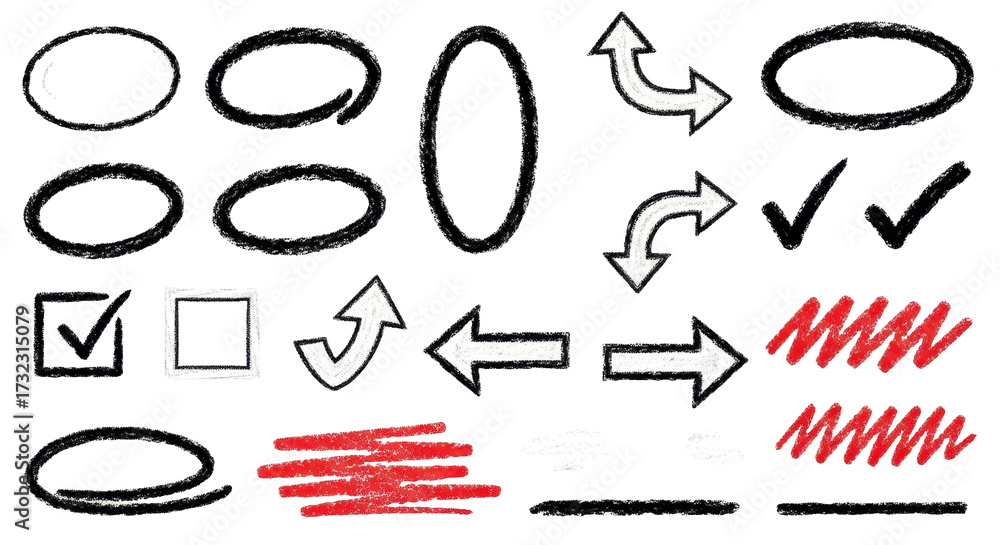 Crayon pencil hand drawn various oval, chalked arrows, check marks ...