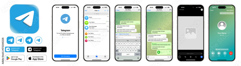 Telegram messenger template UI 2025 update shown on iPhone 17. Editable vector mockup for chat ...