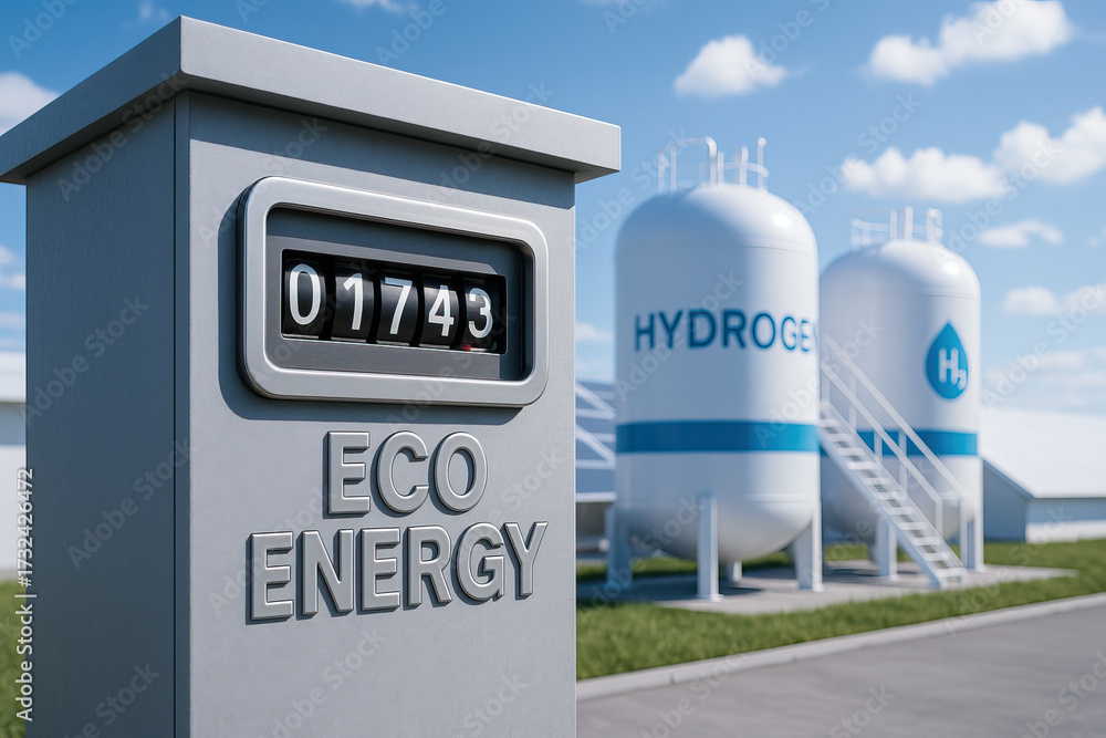 Eco energy meter display in front of hydrogen storage tanks at clean ...