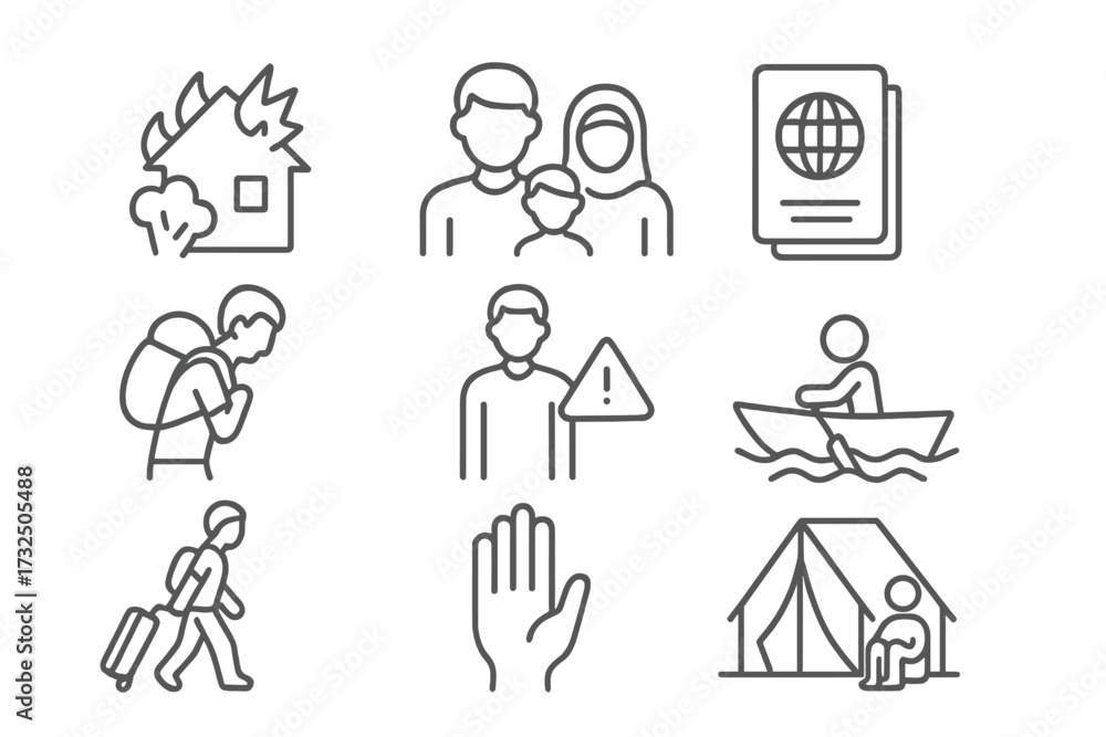 Refugee crisis and immigration line icon set. Vector symbols for war ...