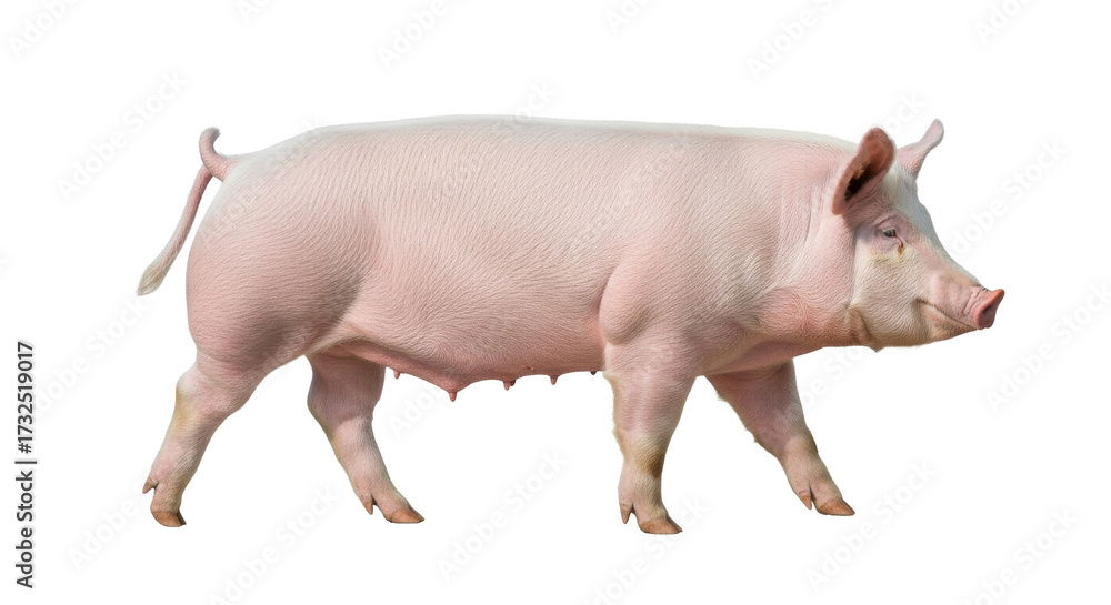 Large adult domestic sow with light pink skin and bristle texture ...