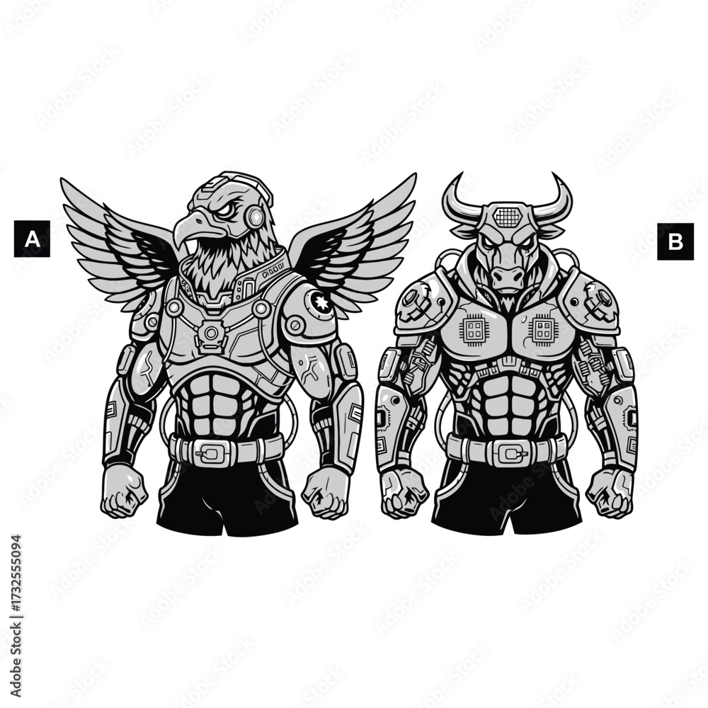 Two humanoid mascots standing together heavy futuristic armor muscular ...