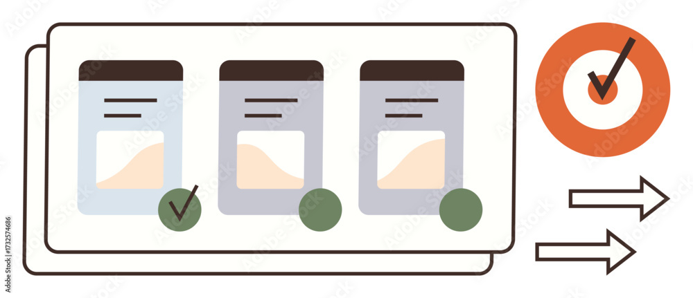 Three documents with status icons and checkmarks alongside progress ...
