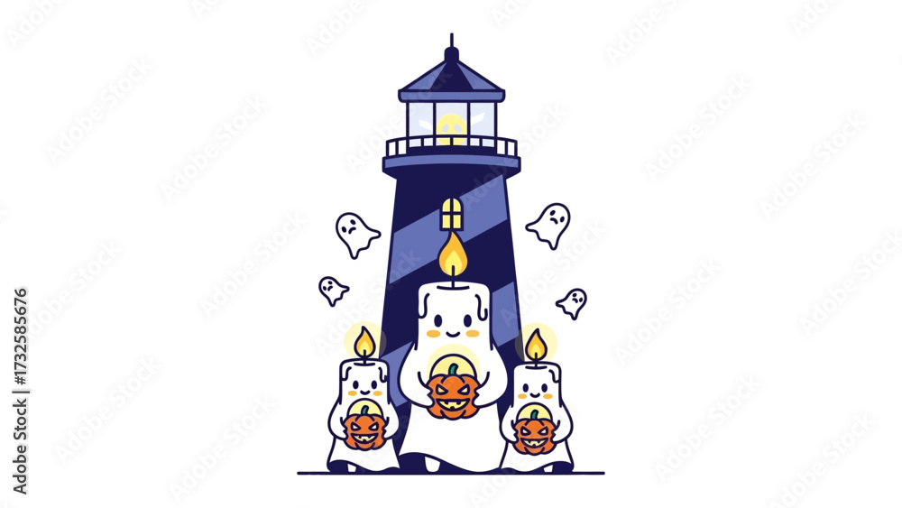 Spooky Lighthouse: The eerie illustration depicts a lighthouse casting ...