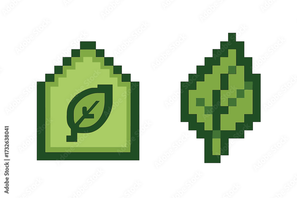 Eco house and leaf pixel art icon set. Green home symbol for ...