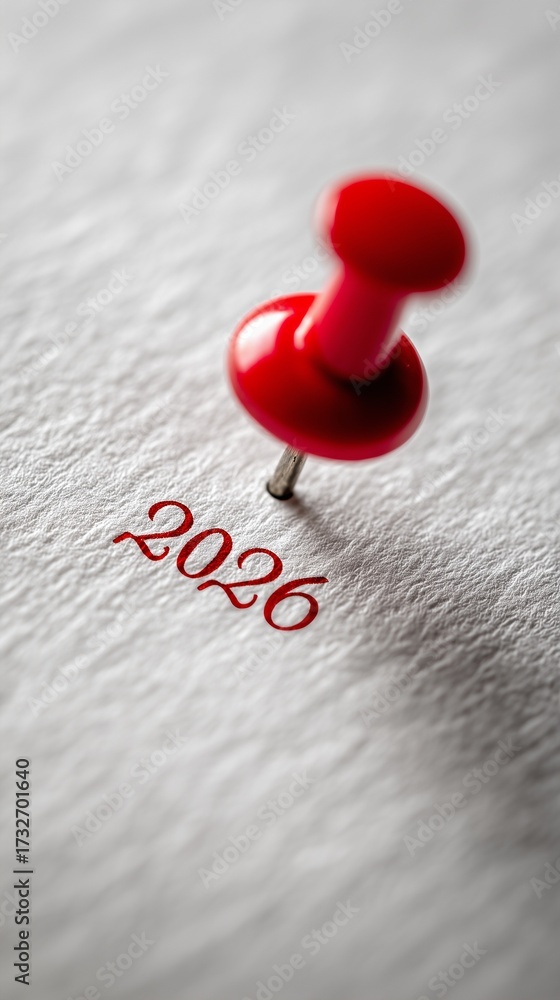 Red pin marks year 2026 on white paper Stock Photo | Adobe Stock