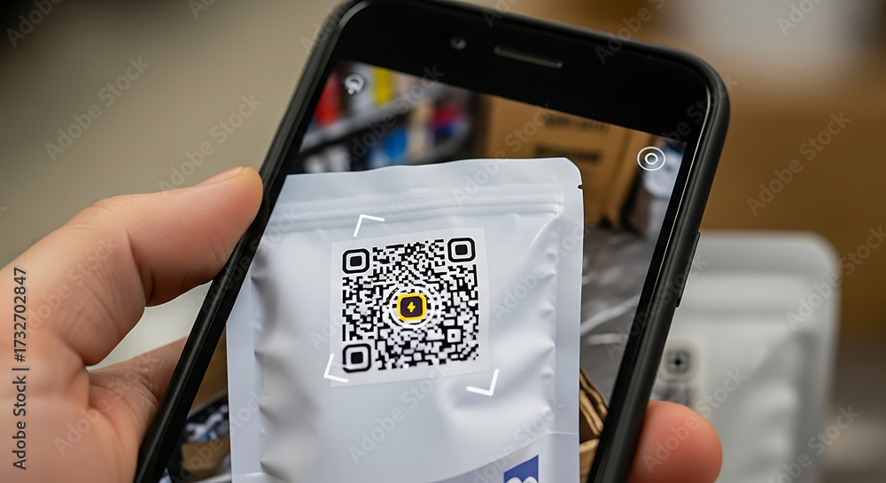 Foto de Stock Using smartphone to scan QR code on product packaging for ...