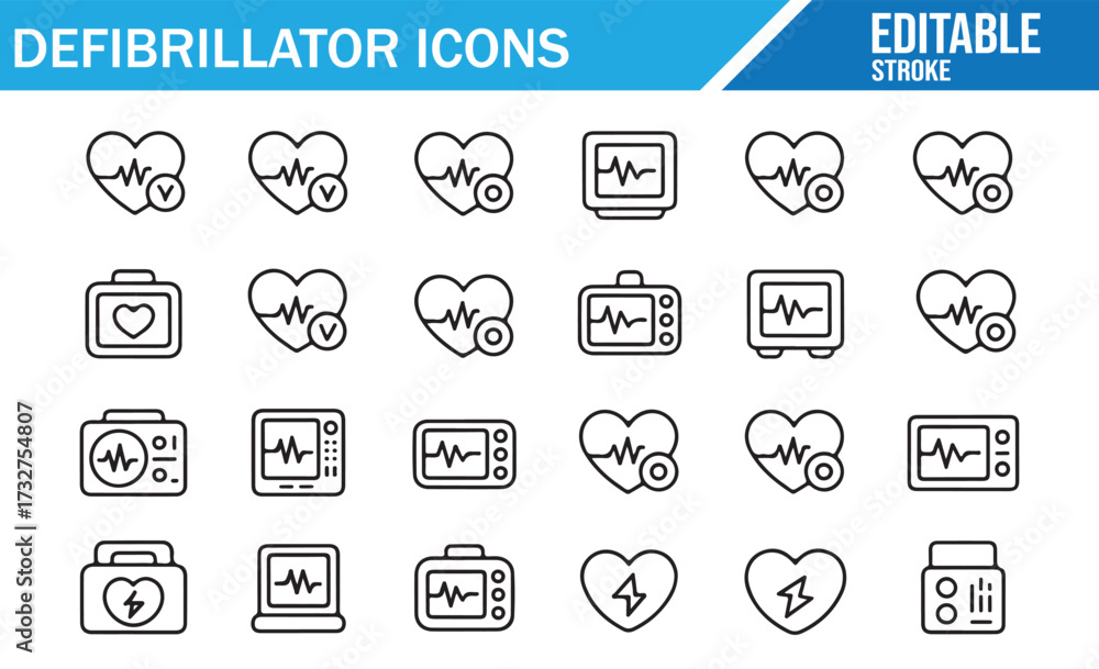 Heart Rhythm and Shock Icons – Clean Defibrillator Line Symbols for ...