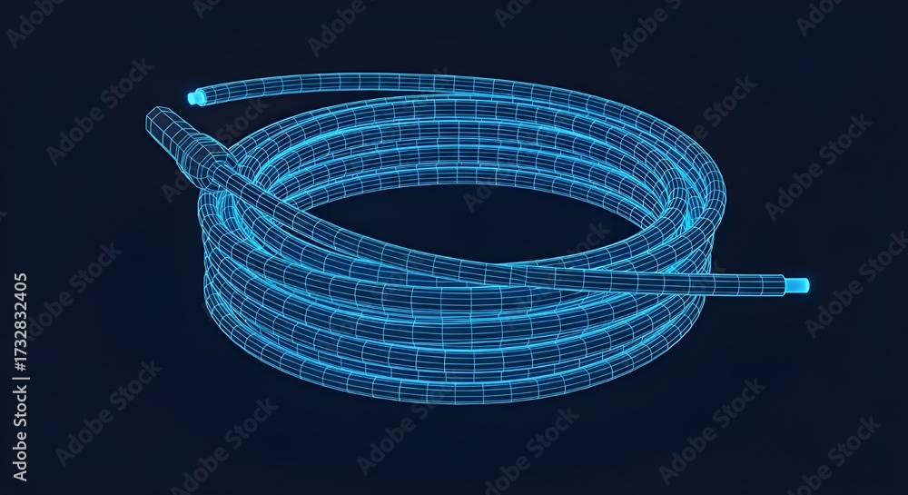 Fiber Optic Cable Blue Wireframe Coil with Glowing Ends on Dark ...