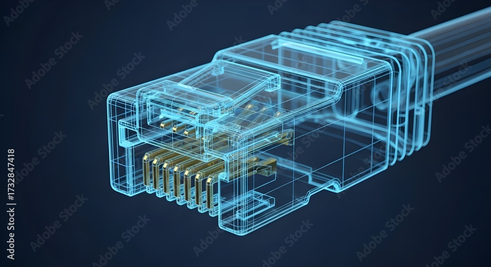 Ethernet LAN Cable Close up of a transparent blue wireframe R J45 ...