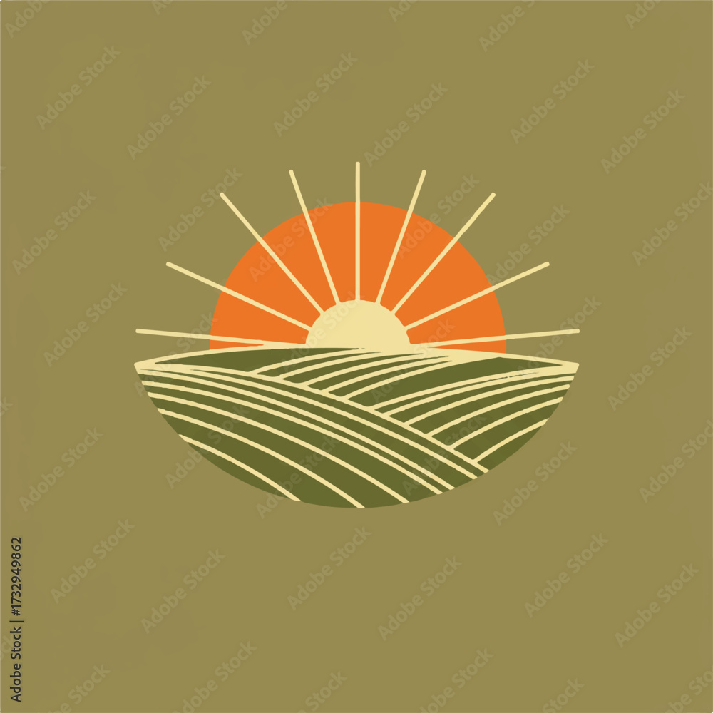 Stylized sunrise over rolling green fields Stock Vector | Adobe Stock