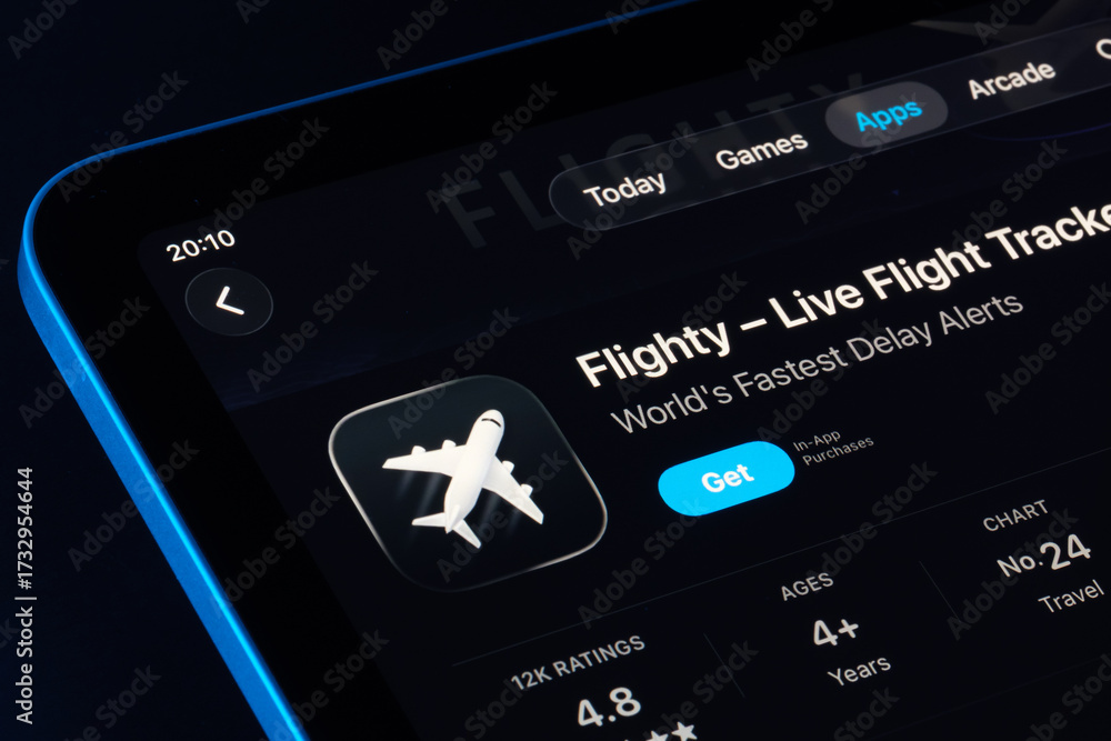 Flighty Live Flight Tracker product screen on iPad, Apple Liquid Glass ...