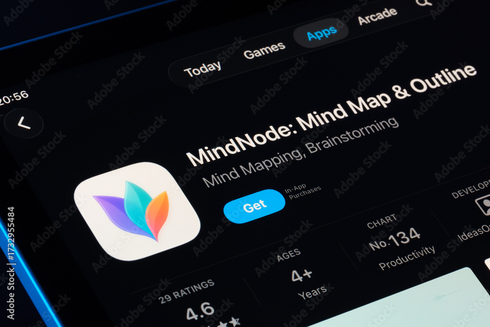 Stock-Foto „MindNode Mind Map and Outline product screen on iPad, Apple Liquid Glass design ...