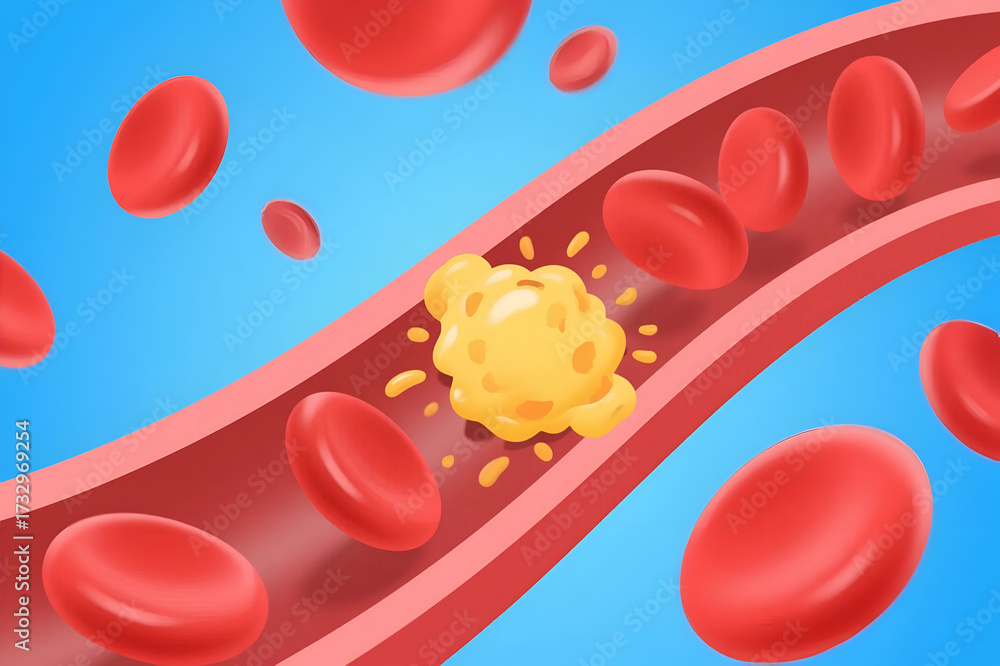 Photo Stock Blood vessel with yellow plaque buildup obstructing red ...