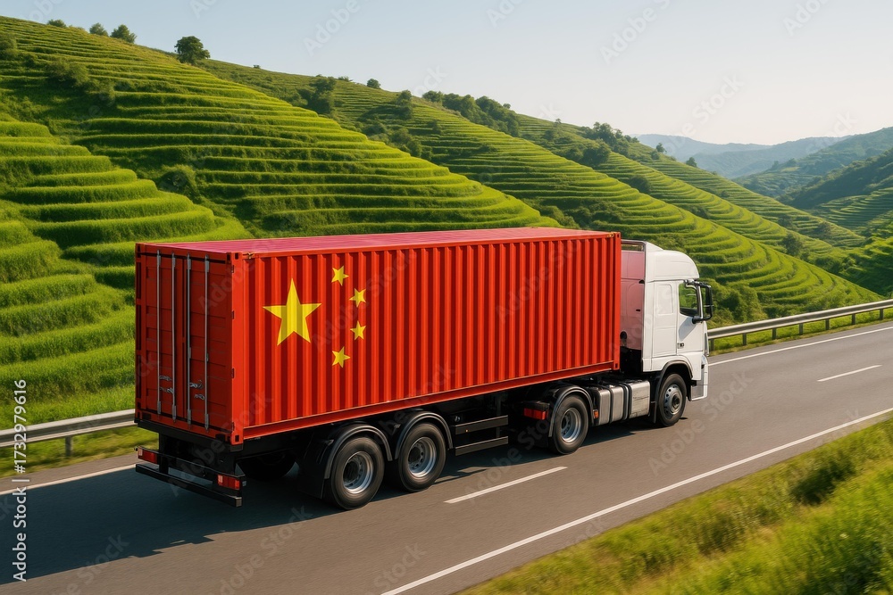 Photo Stock White semi-truck with red shipping container painted with ...