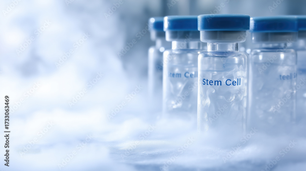 Frozen vials labeled stem cell in cryogenic storage surrounded by fog ...