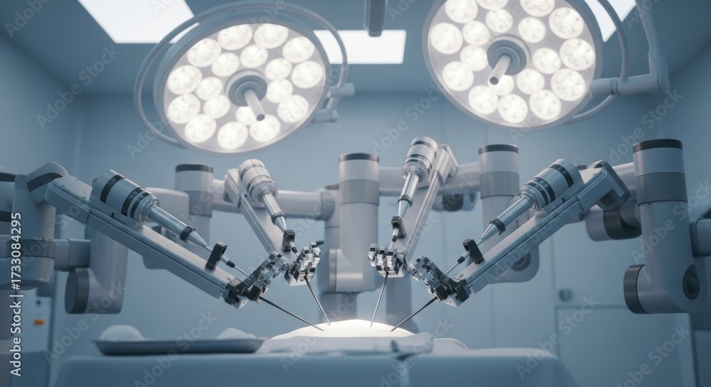 A modern surgical room equipped with robotic arms and bright overhead ...