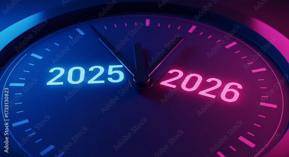 Clock face showing the time moving from 2025 to 2026 in a conceptual ...