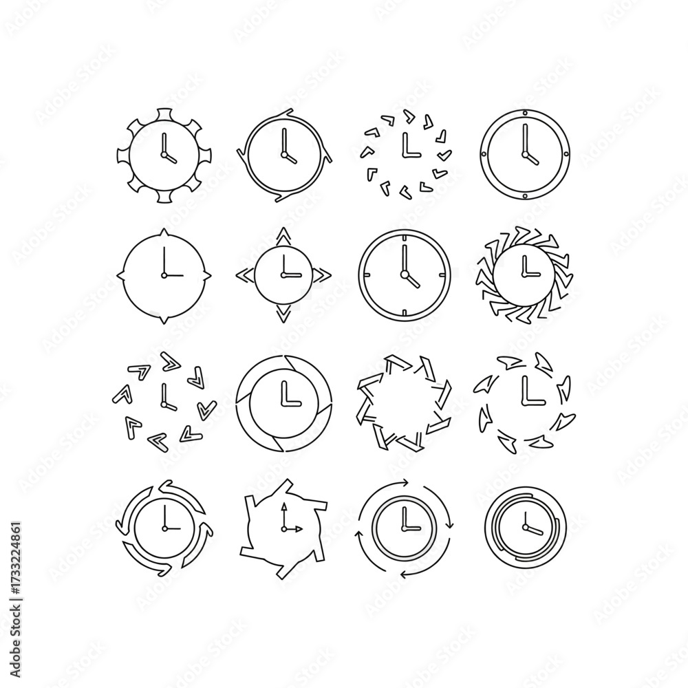 Four stylized clock icons showing reload, reset, and circular time flow ...