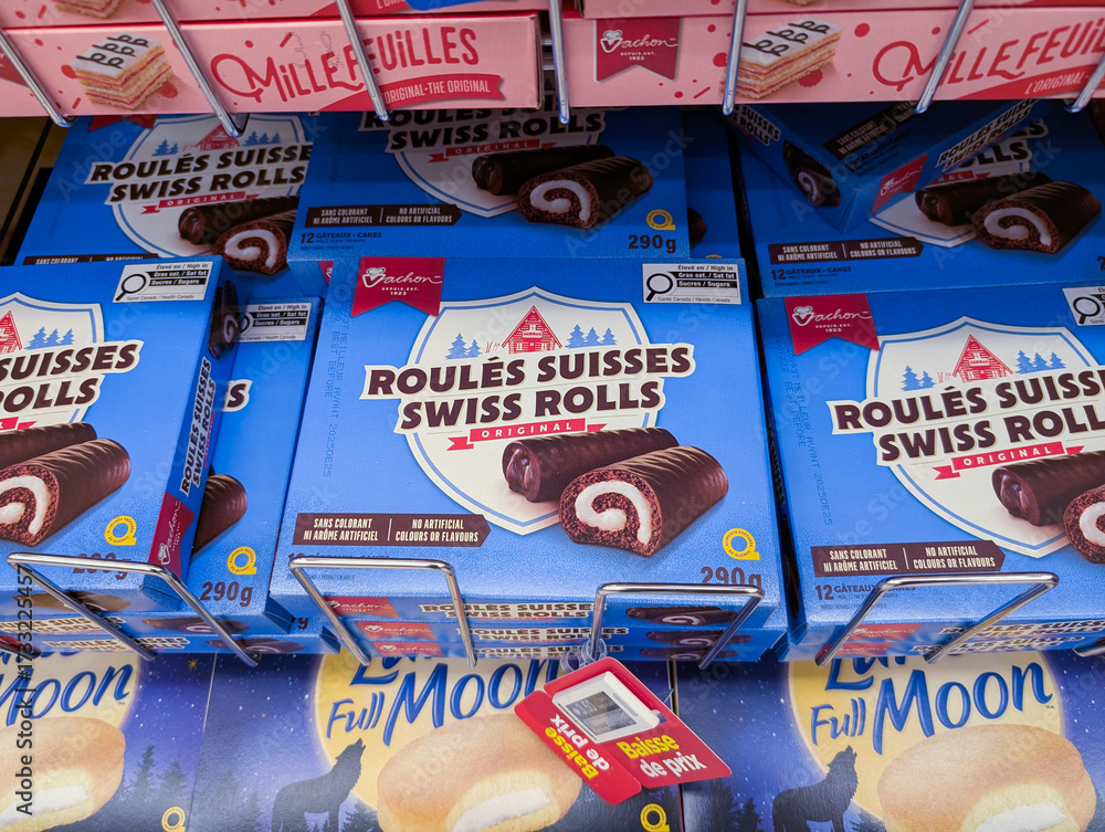 Canada, 20 September 2025 : Blue boxes of Swiss rolls organized on ...