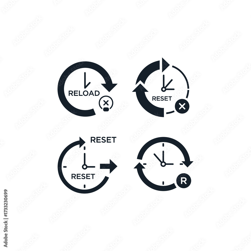 Four stylized clock icons showing reload, reset, and circular time flow ...