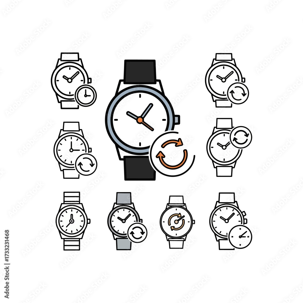 Four stylized clock icons showing reload, reset, and circular time flow ...