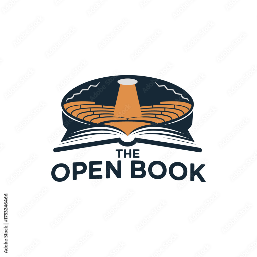 open book logo, spotlight beam rising, knowledge sharing platform ...