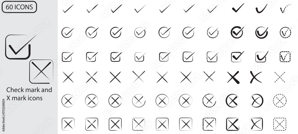 Set of tick and cross icons. Check mark icons. Various shapes of tick ...