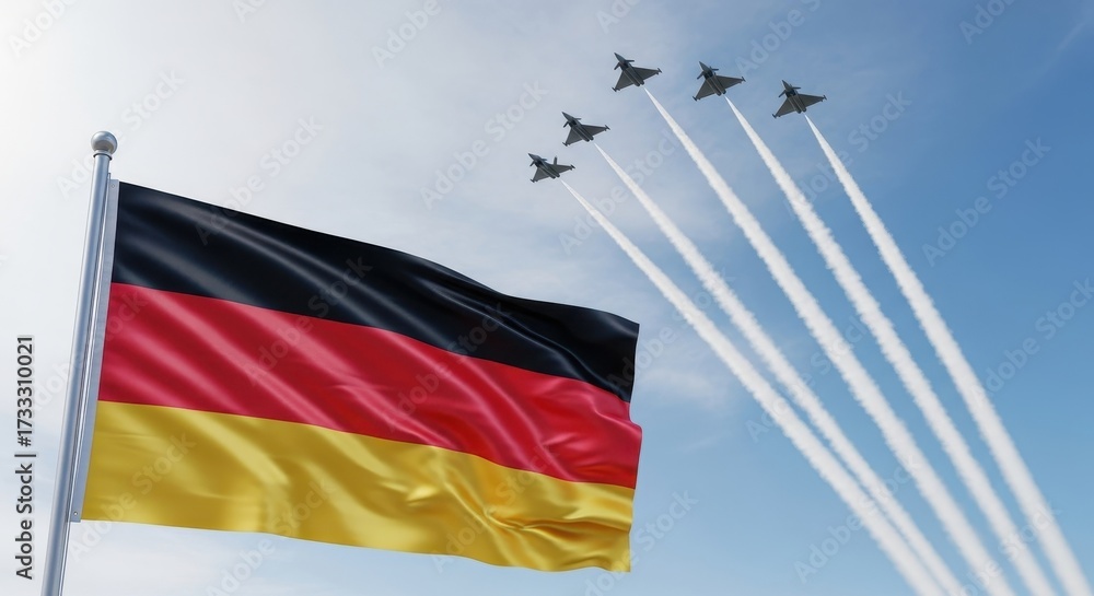 German flag waving proudly as military fighter jets fly in formation ...