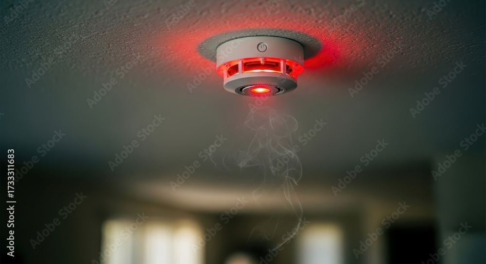 Modern white smoke detector alarming with red light and smoke on a ...