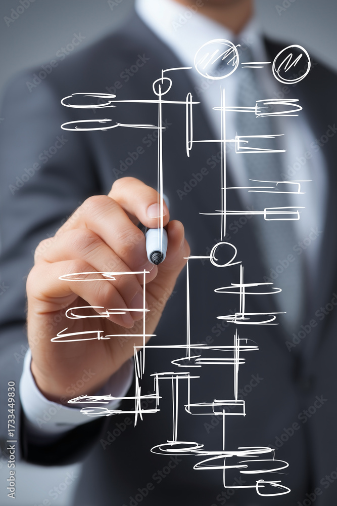 Creating Strategies: Businessman drawing a flowchart with a marker ...