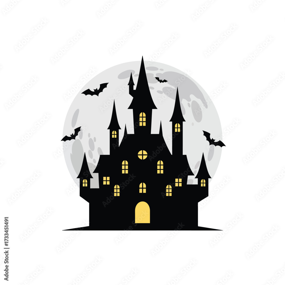 Spooky haunted castle silhouette with glowing windows against a full ...